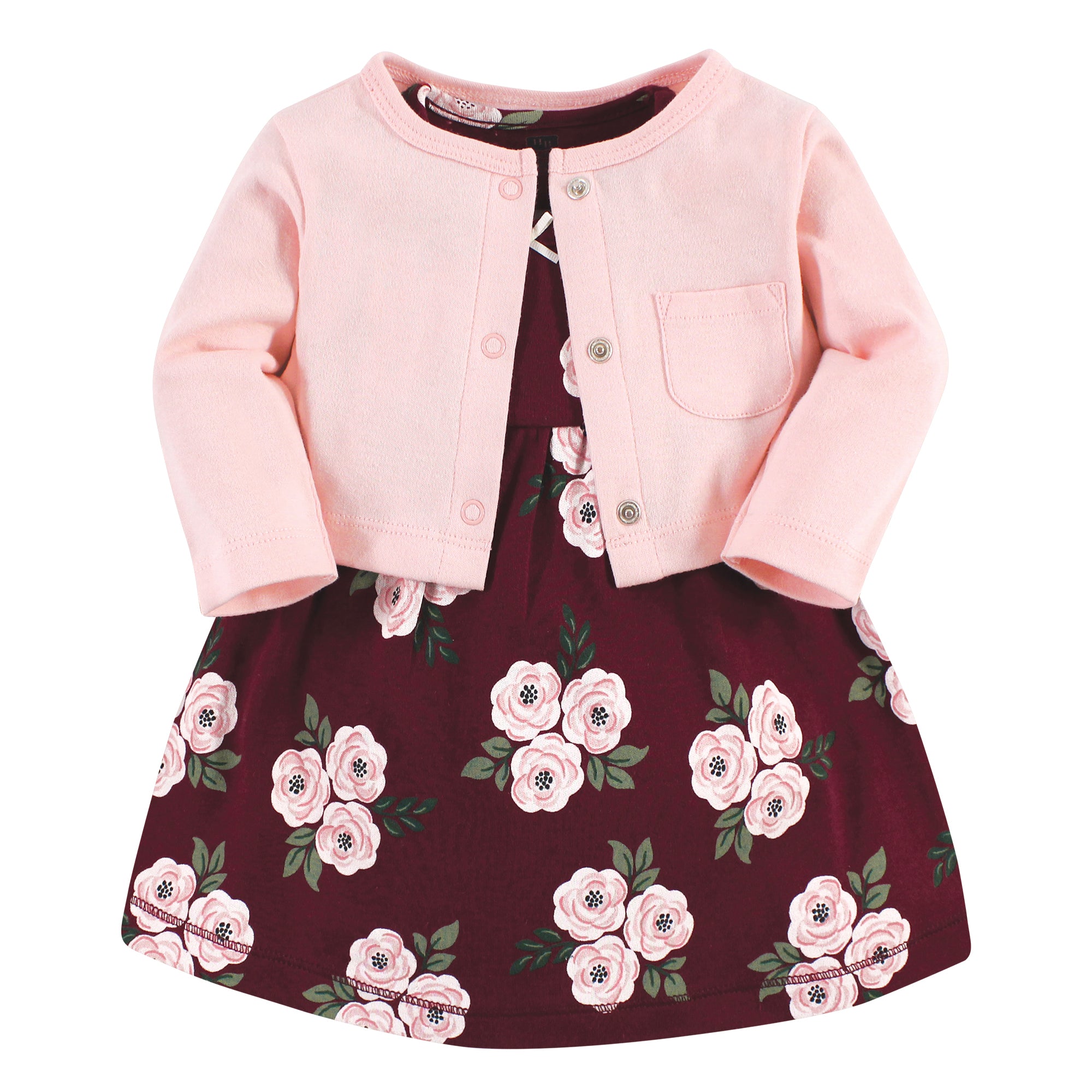 Hudson Baby Baby Girls Cotton Dress and Cardigan Set, Burgundy Floral ...
